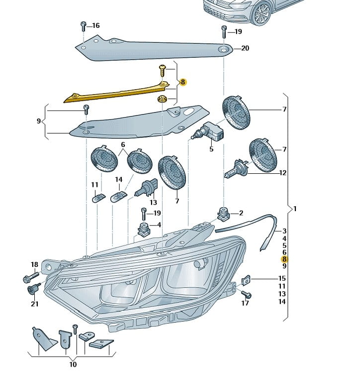 Right headlight upper seal VW Passat B8 2015-2024 | 3G0998120 | VAG247 ...